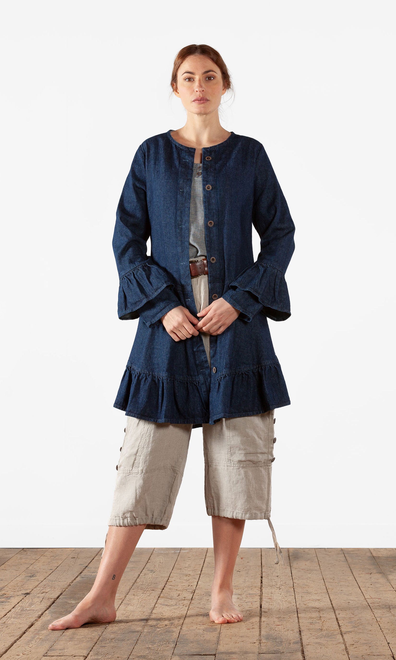 Fitted denim jacket with ruffles